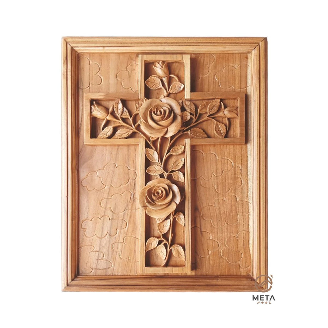 Hand Carved Floral Wooden Wall Panel : Cross and Roses – Meta Wood